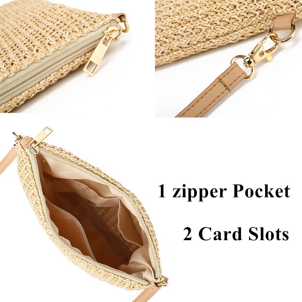 Straw Crossbody Bags for Women, Cute Straw Beach Purse with Detachable Shoulder Strap, Summer Straw Handbag Vacation Essentials (Light Brown)