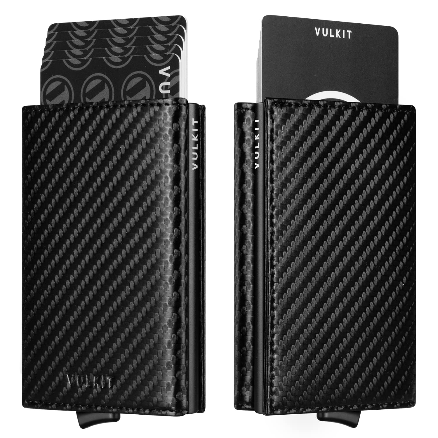VULKIT Credit Card Holder with Banknote Compartment RFID Blocking Pop up Leather Card Wallet with ID Window for Men or Women(Carbon Black)