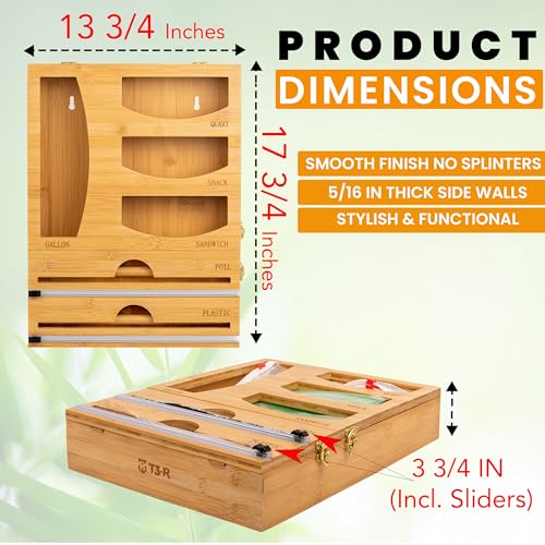 T3-R Foil and Plastic Wrap Organizer - 6-in-1 Bamboo Organizer Plastic Wrap Dispenser with Cutter for Kitchen Drawer - Best Use for Sandwich Bag, Aluminum Foil, Wax Paper and Plastic Wrap