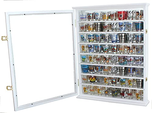 Shot Glass Display Case Solid Wood Wall Shot Glass Cabinet Rack Holder Lockable with UV Protection Acrylic Glass Door Shot Glass Collection Display Cabinet Mirror Back (White Finish)