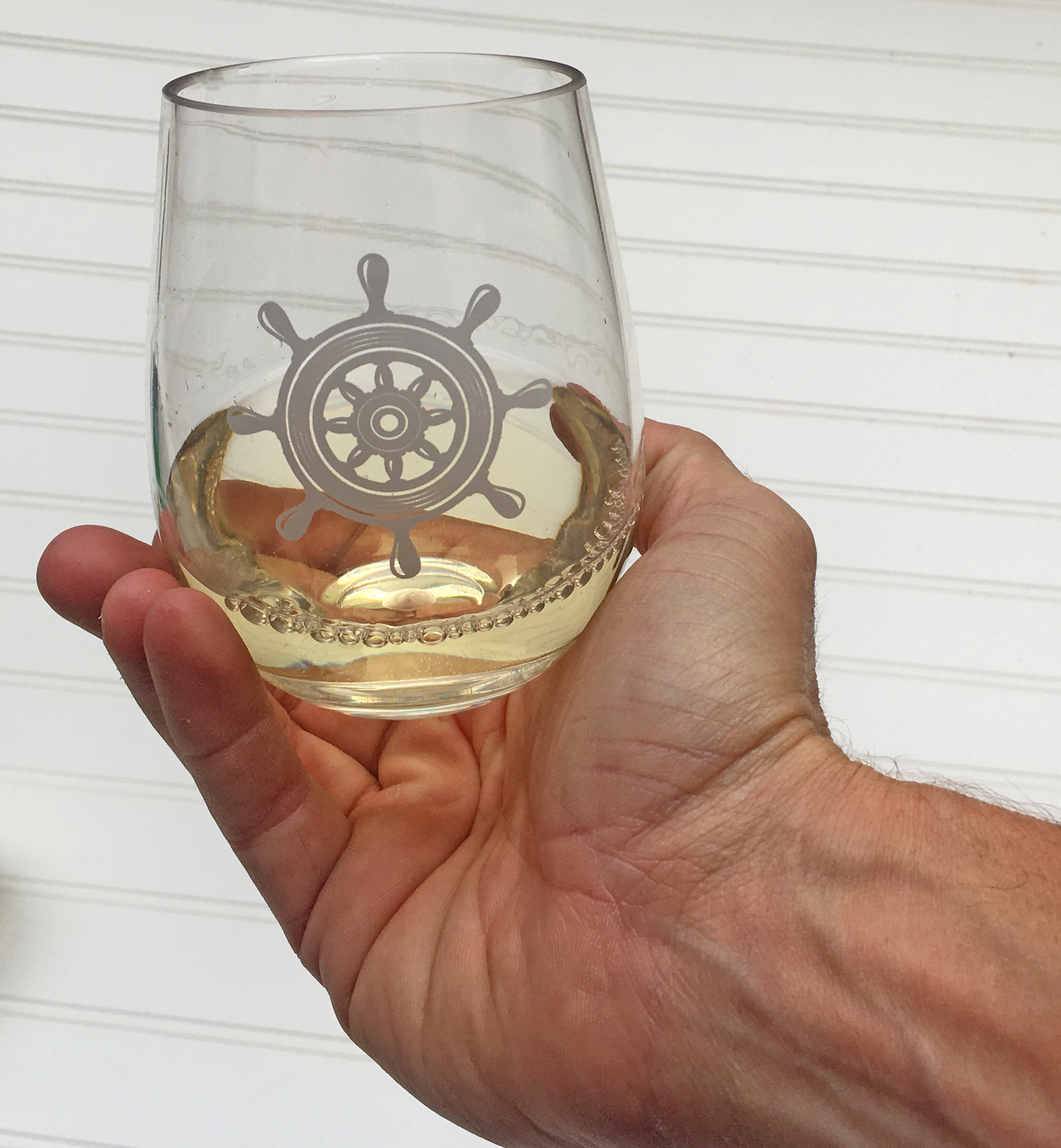 SET OF 4 -Stemless Boat Wine Glasses-Nautical Themed, Plastic, 16oz, Pool Wine Glasses, Shatter Proof Drinking Glasses for Wine or Cocktails