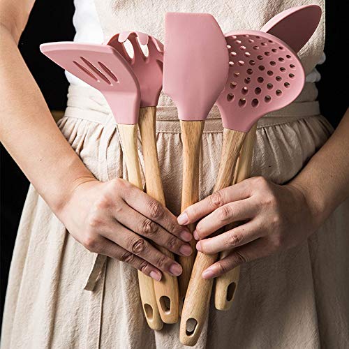 LMMDP Silicone Kitchen Set Cooking Tool Utensils Set Spatula Soup Spoon with Wooden Handle Special Heat-resistant Design