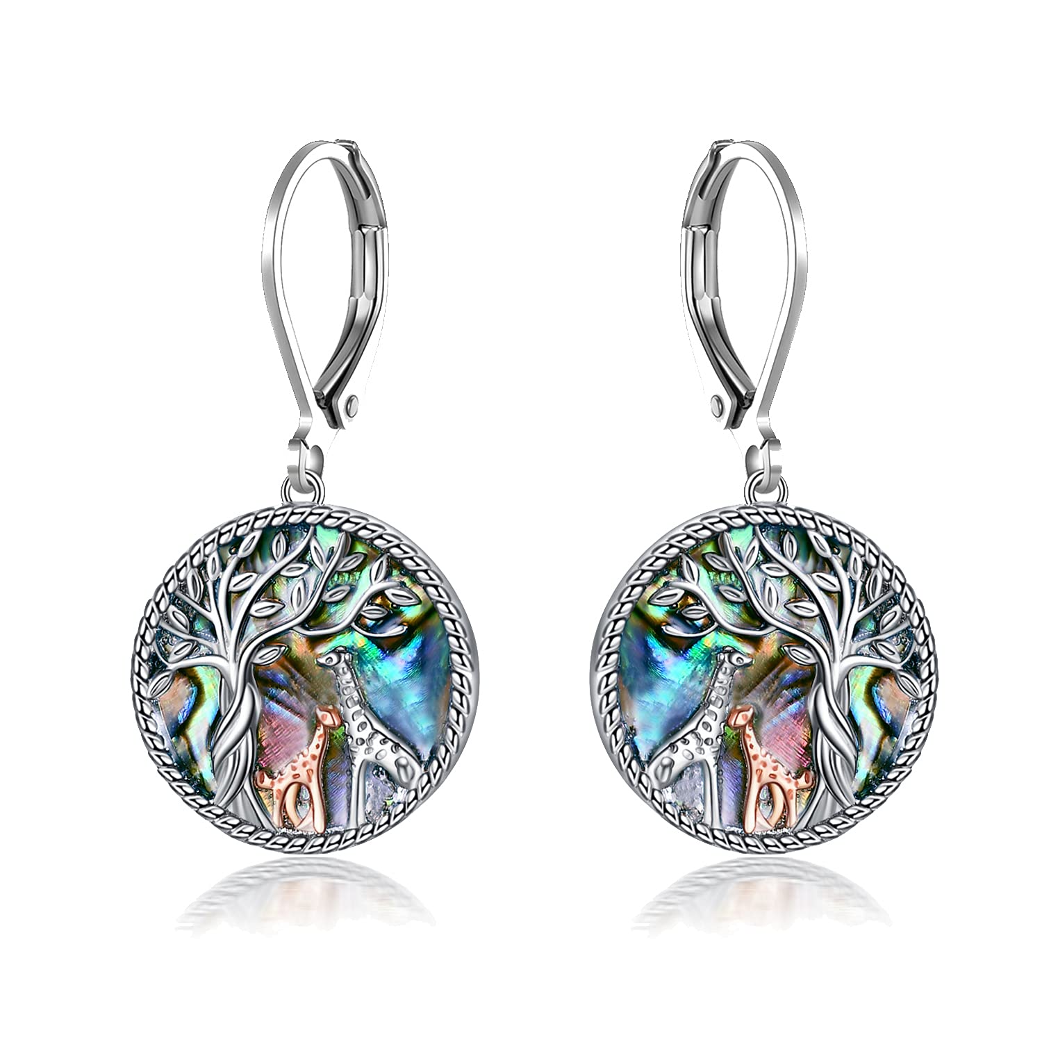 ONEFINITY Giraffe Tree of Life Earrings Sterling Silver Leverback Giraffe Abalone Shell Dangle Drop Earrings for Women Jewelry Gifts