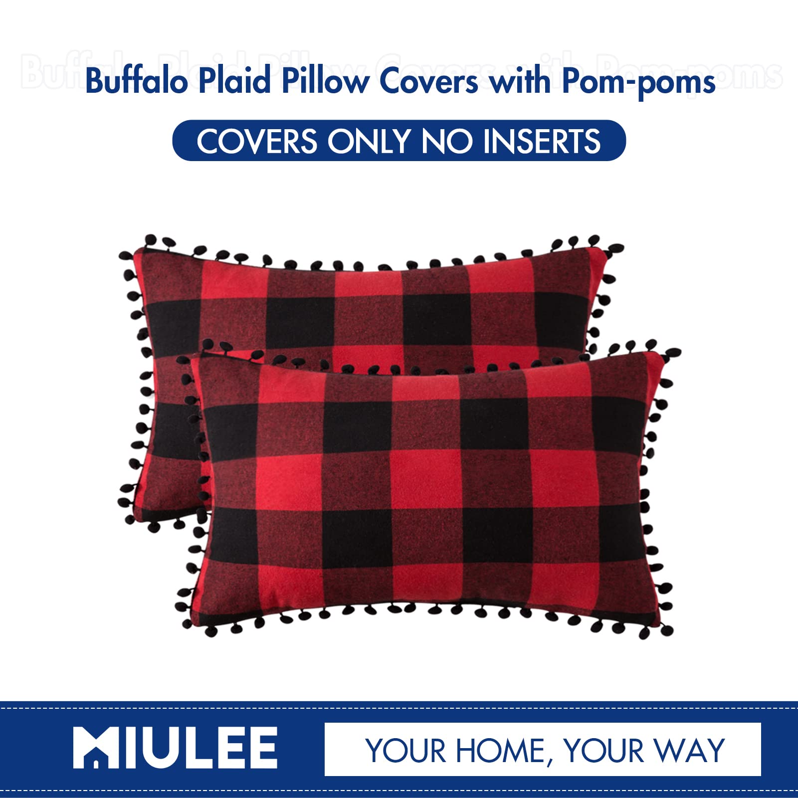 MIULEE Retro Plaid Pillow Covers Farmhouse Buffalo Check Pillow Cases with Pom-poms Decorative Throw Pillow Covers Set of 2 for Sofa Couch 20x20 Inch Red and White