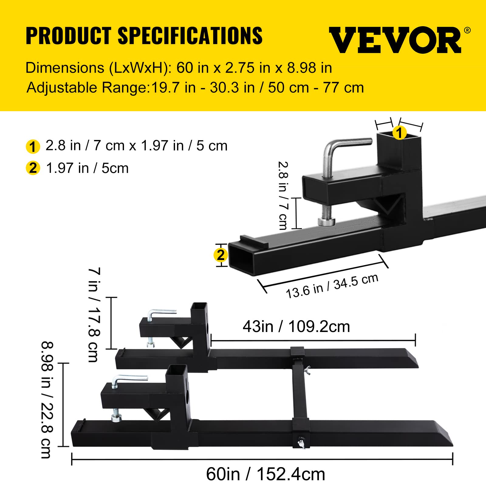 VEVOR Pallet Forks, 2000 Lbs Clamp on Pallet Forks 60" Total Length, Tractor Bucket Forks with Adjustable Stabilizer Bar, Heavy Duty Pallet Forks for Tractor Attachments, Skid Steer, Loader Bucket