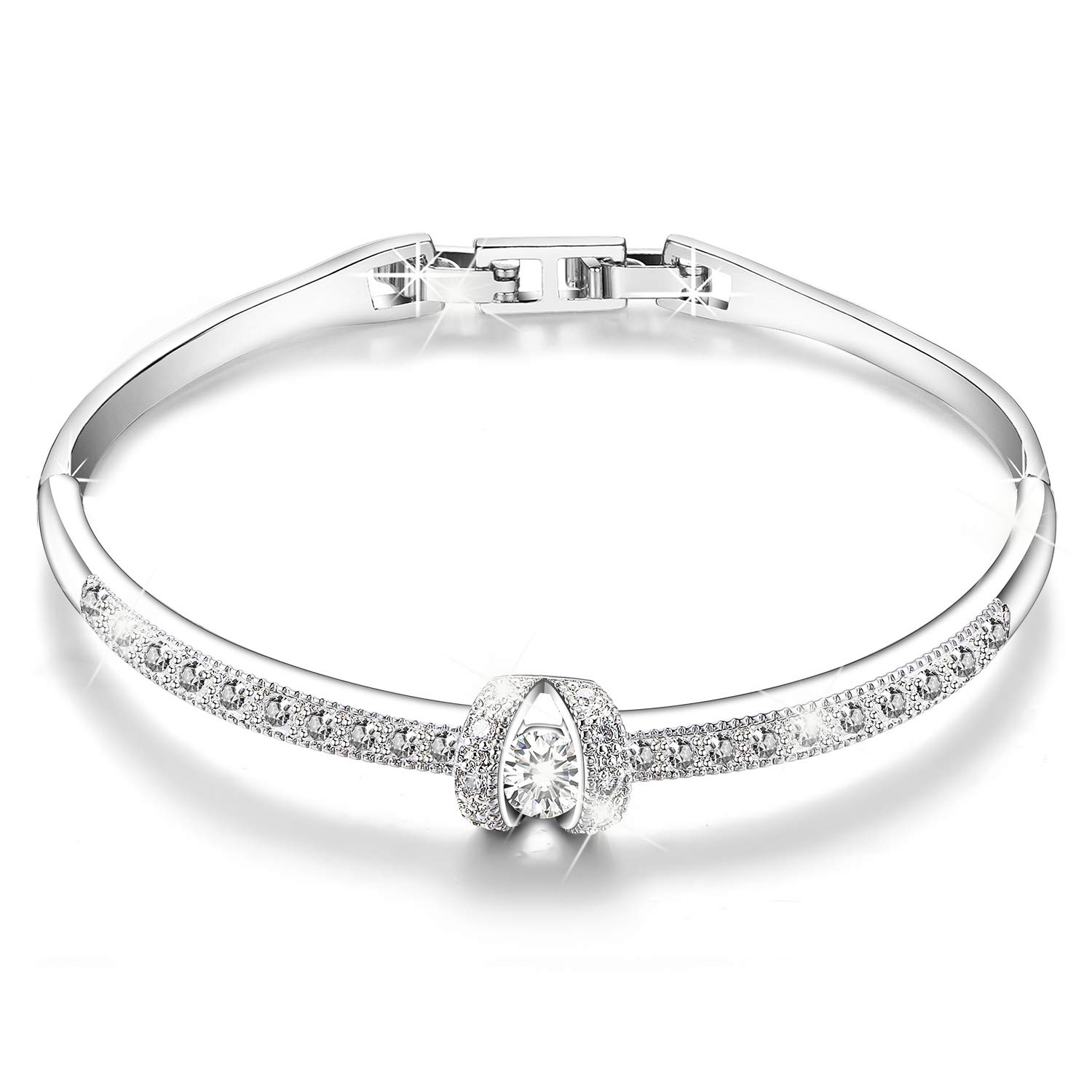 Menton Ezil Fasion Jewelry Princess Bangle Bracelets For Women 18K Gold Plating Adjustable Bracelets With Crystal For Wife Girlfriend Or Mothers Idea Gift For Mother's day(Silver)