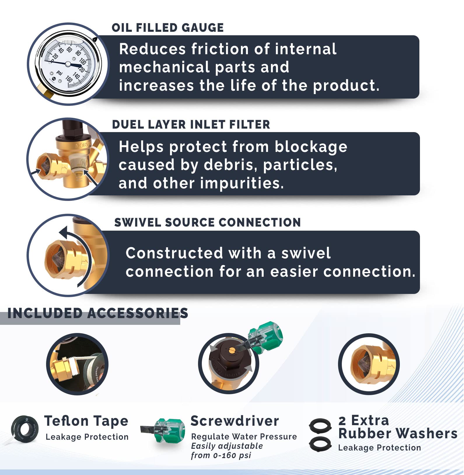 Morvat Premium Lead-Free Brass RV Water Pressure Regulator Adjustable Valve with Oil Filled Gauge for Camper, Includes Screwdriver, Roll Of Teflon Tape & 2 Extra Rubber Washers