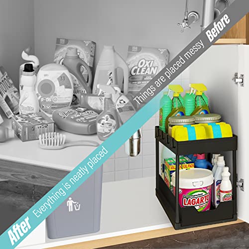 OZD Under Sink Organizer, 2 Tier Bathroom Organizer Under Sink with Sliding Drawer, Under Cabinet Organizer Baskets with Hooks, Hanging Cups, Dividers, Storage Shelf for Bathroom Kitchen