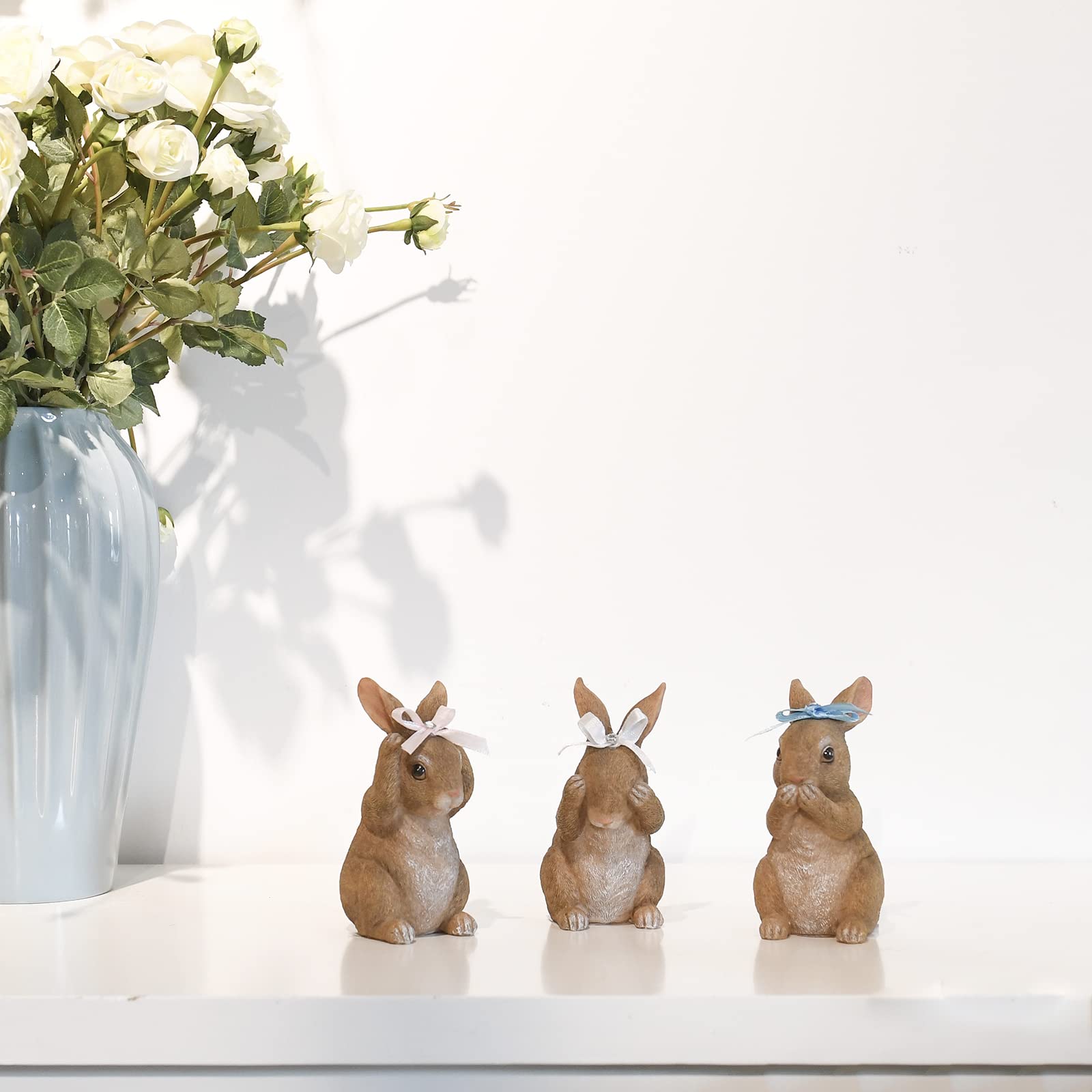 Newman House Studio Bunny Decor Home Rabbit Statue - Easter Decorations Hear See Speak No Evil Bunny Figurines 3pc Brown Ears with Bows Desk Table Shelf Decor Accents for Home 3 x 2.25 x 4.5 Inch