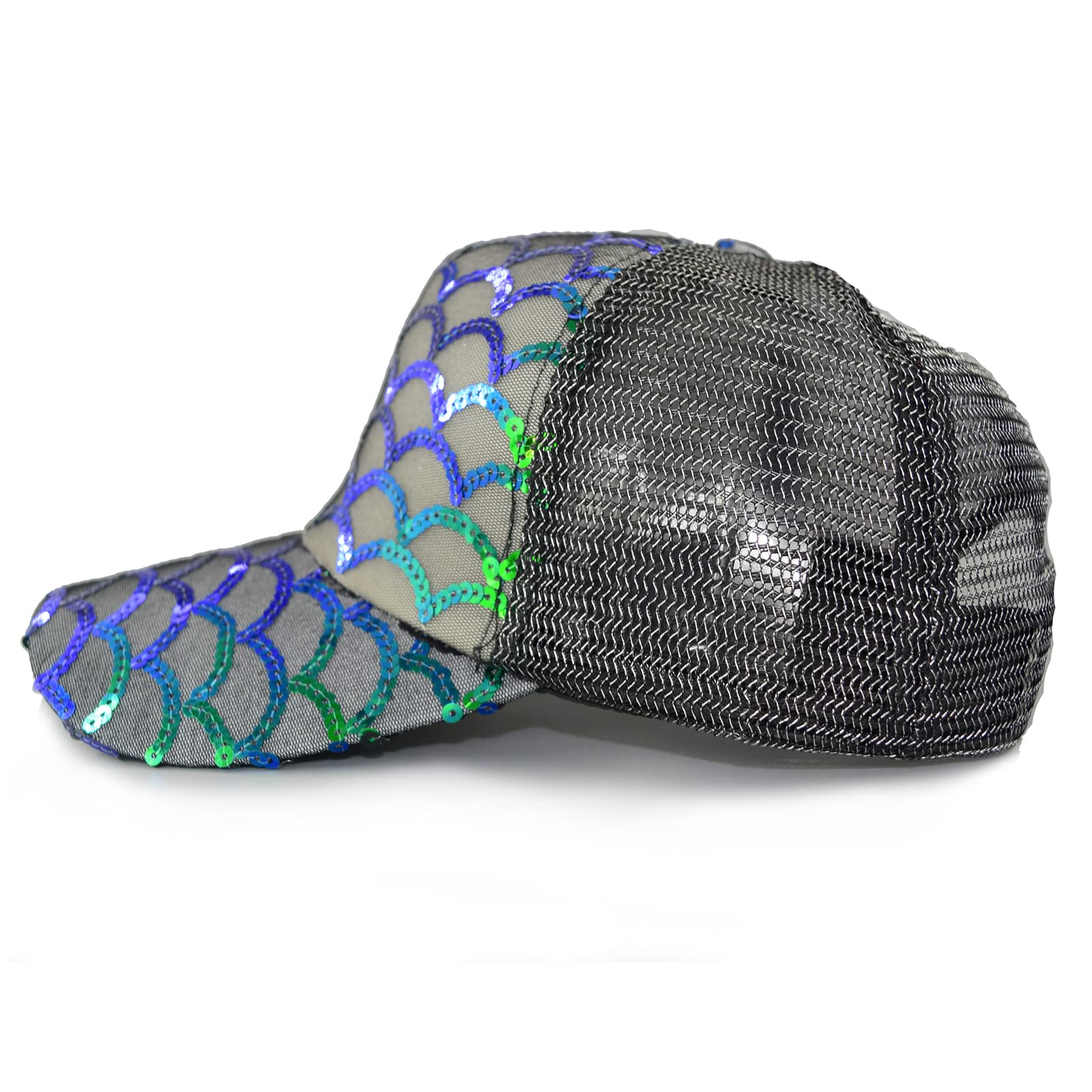Maticr Unisex Bling Mermaid Scales Sequin Trucker Hats Adjustable Mesh Caps Baseball Party Hat (Black)