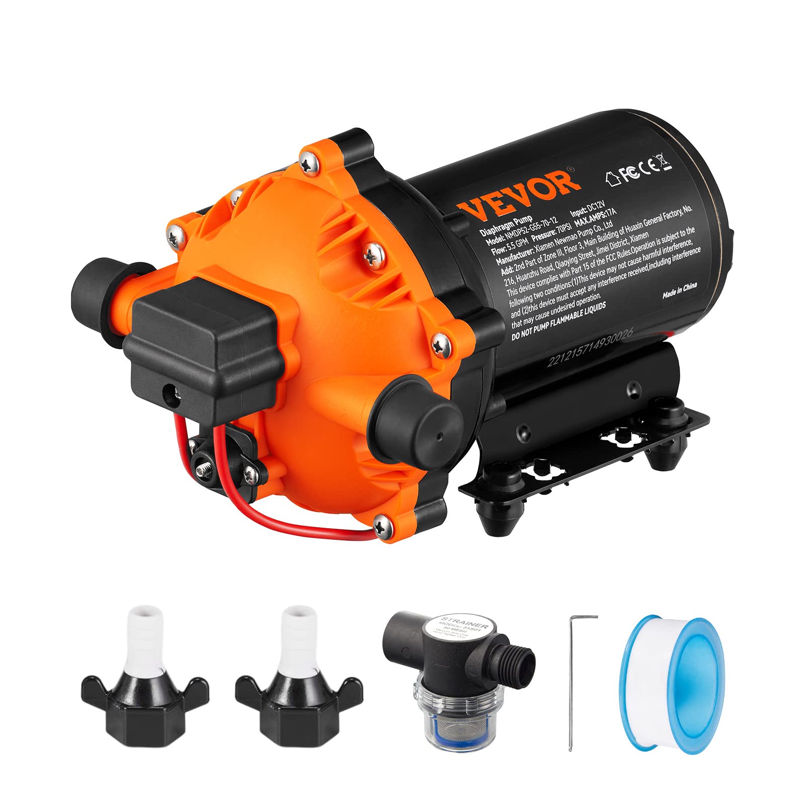 VEVOR Water Diaphragm Pump, 12V DC, 5.5 GPM Flow, 70 PSI Rated Pressure (40-100 PSI Adjustable), 1/2" MNPT Self Priming Sprayer Pump with Pressure Switch for Car Washing, Agricultural Irrigation
