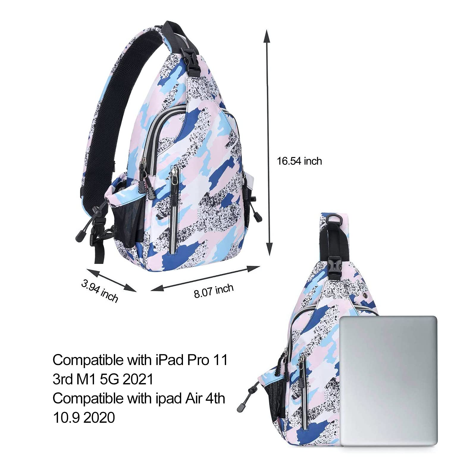 MOSISO Sling Backpack Hiking Daypack Double Layer Pattern Men/Women Chest Shoulder Bag, Pink & Blue Graffiti
