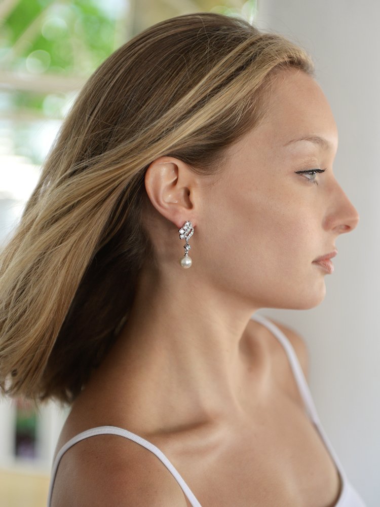 Mariell Pearl Drop Wedding Bridal Earrings, Cubic Zirconia and Pearl Drop Earrings for Brides, Bridesmaid