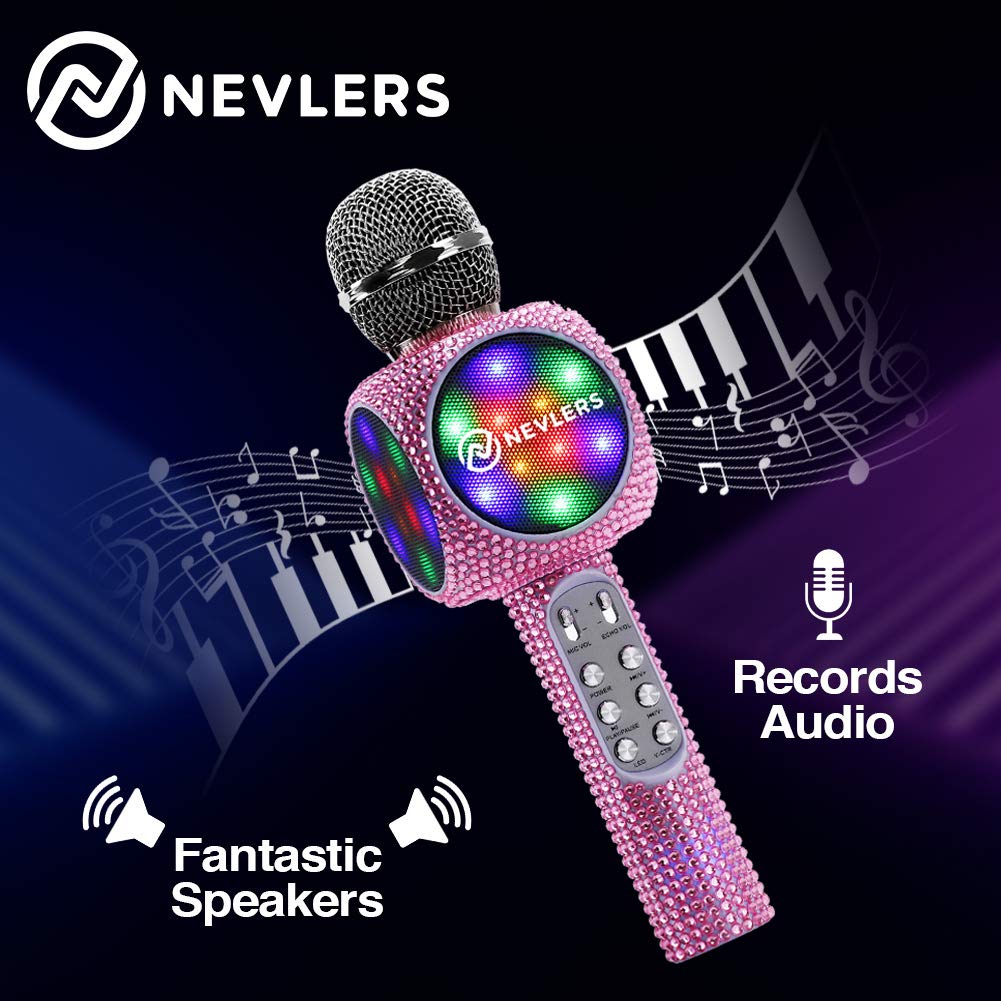 Nevlers Pink Bling Wireless Karaoke Microphone for Kids - Wireless Microphone with Speaker, Voice Changer & LED Lights, Portable Kids Microphone