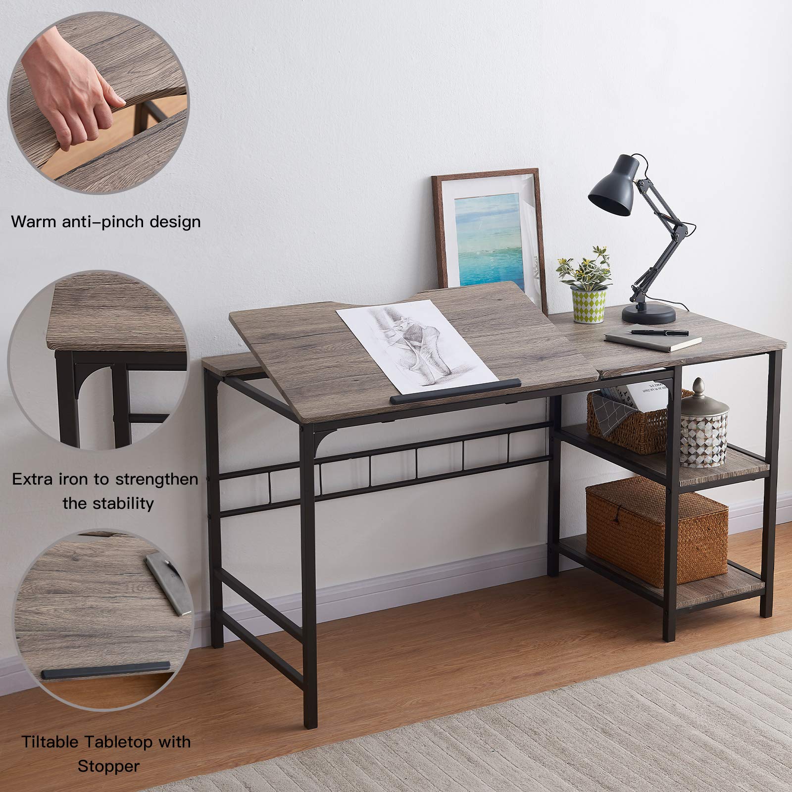 OIAHOMY Home Office Desk 55” Computer Desk, Large Draft Drawing Table with 2-Tier Shelf Multifunctional Study Writing Table, Tiltable PC Laptop Desk Workstation Modern Art Craft Desk -Grey Oak
