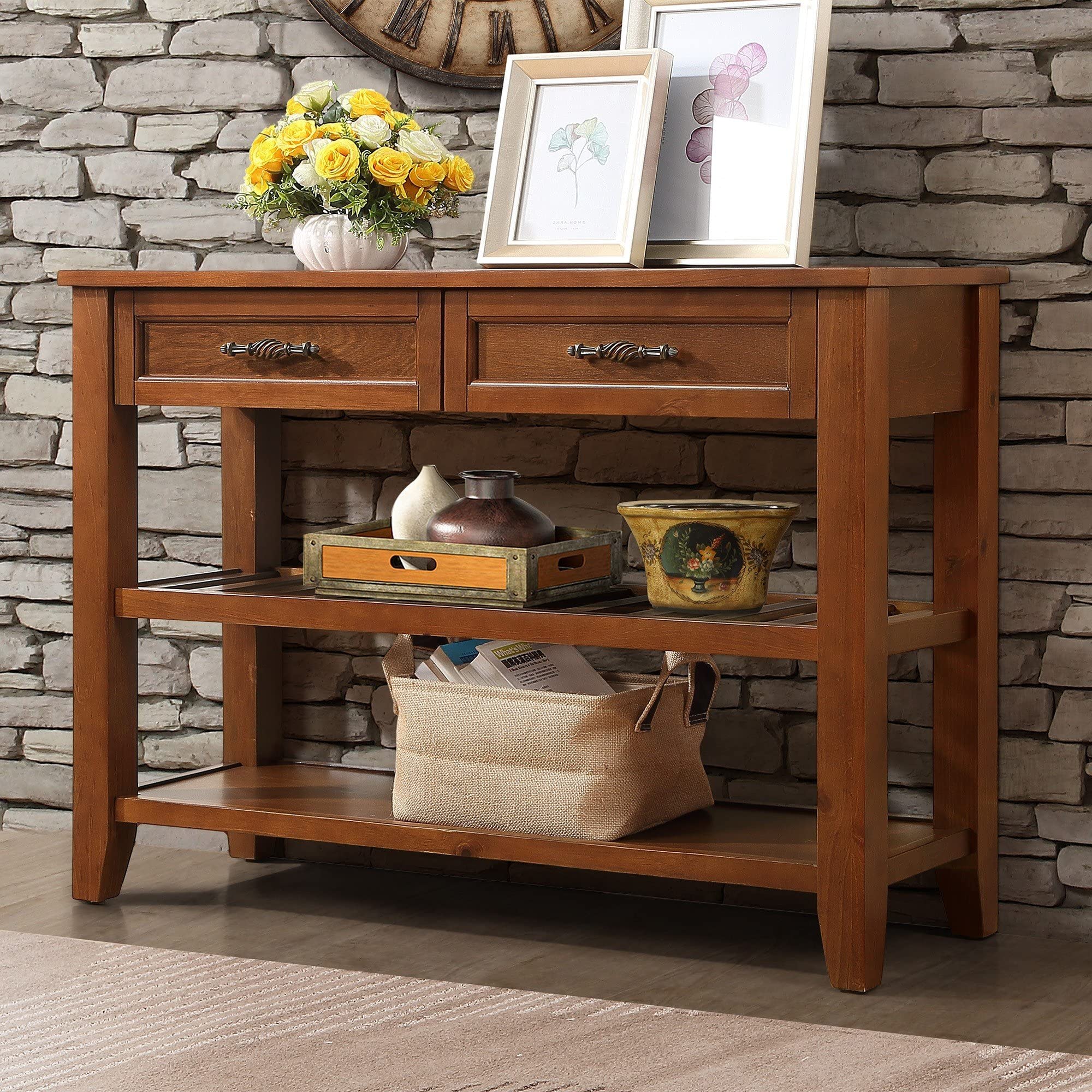 P PURLOVE Sofa Table Retro Style Console Table for Entryway with 2 Drawers and Shelf Living Room Furniture (Antique Blue)