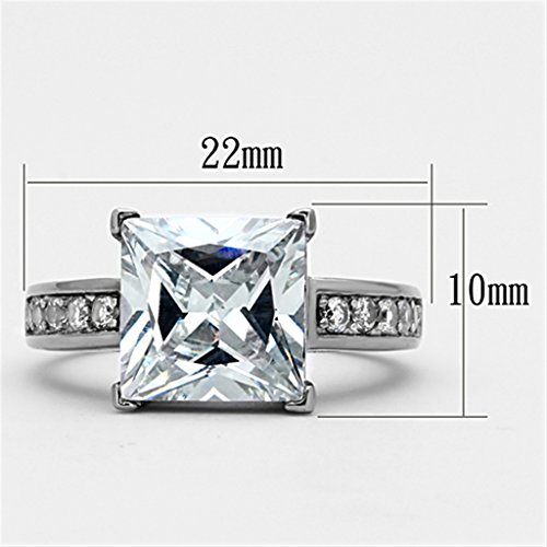 Marimor Jewelry Women's Stainless Steel 5.95 Carat Princess Cut Cubic Zirconia Silver Engagement Ring Size 5