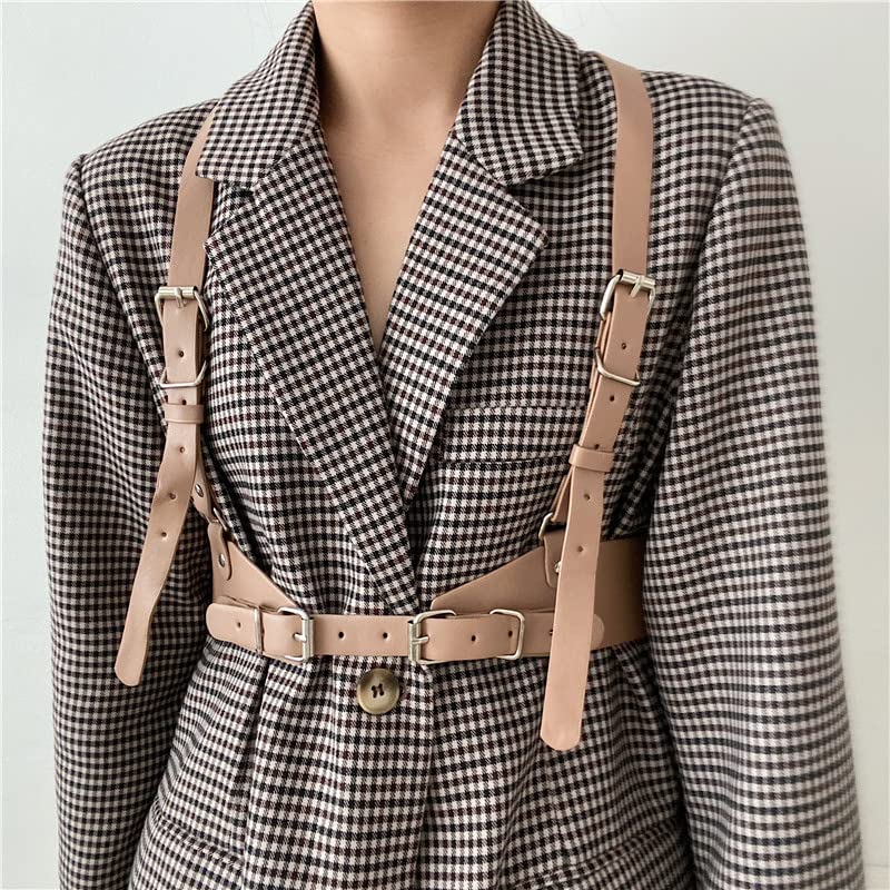 Punk Belly waist body chain black leather goth belt harness for women with strap on plus size BL1 (tan, 26"-33")