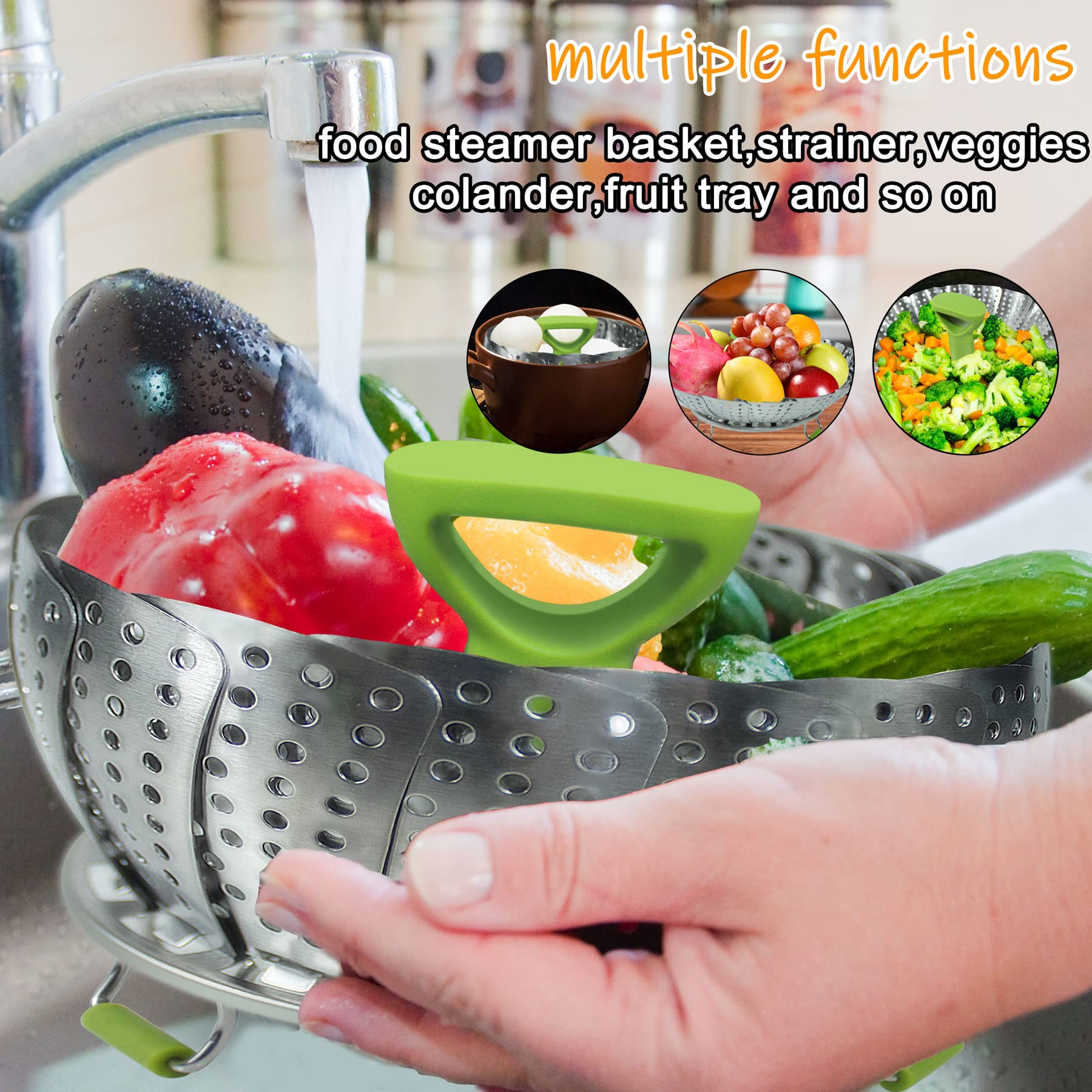 Stainless Steel Vegetable Steamer Basket for Cooking, Food Steamer Basket with Removable Center Handle for Veggie Seafood Cooking, mobzio Folding Expandable Steamer Basket Fit Various Size Pot