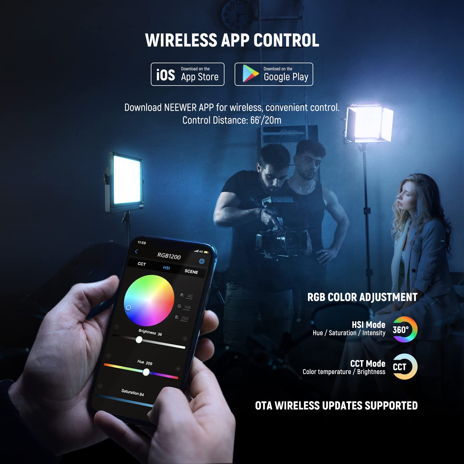 NEEWER 2 Pack RGB1200 LED Video Light with APP/2.4G Control, 60W Photography Video Lighting Kit with Stands & Bag, 22000Lux@0.5m/1% Precise Min Dimming/360° RGB/ CRI97+/TLCI98+/2500K-8500K/18 Effects
