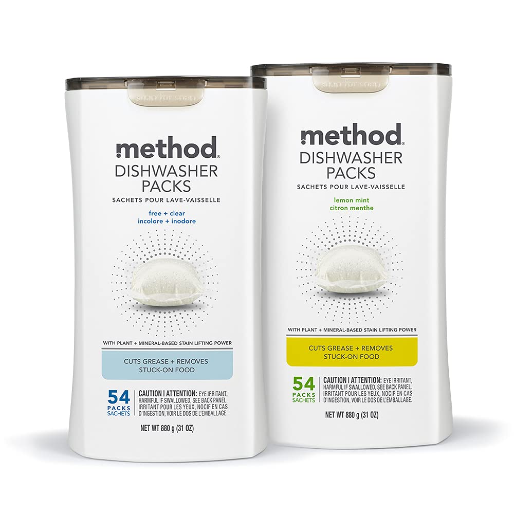 Method Dishwasher Detergent Packs, Fragrance Free + Clear, Dishwashing Rinse Aid to Lift Tough Grease and Stains, 54 Dishwasher Tabs per Package, (Pack of 2)