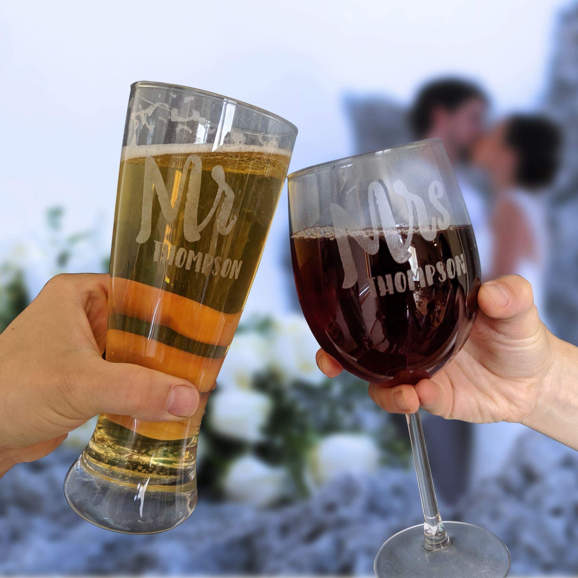 Personalized Mr & Mrs Couples Beer & Wine Glass Set - Set of 2 In Gift Box | Engraved Wedding Toasting Glasses