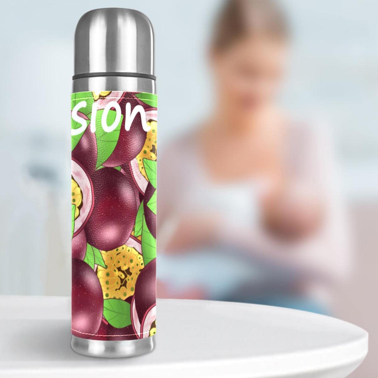 Stainless Steel Leather Vacuum Insulated Mug Passion Fruit Thermos Water Bottle for Hot and Cold Drinks Kids Adults 16 Oz