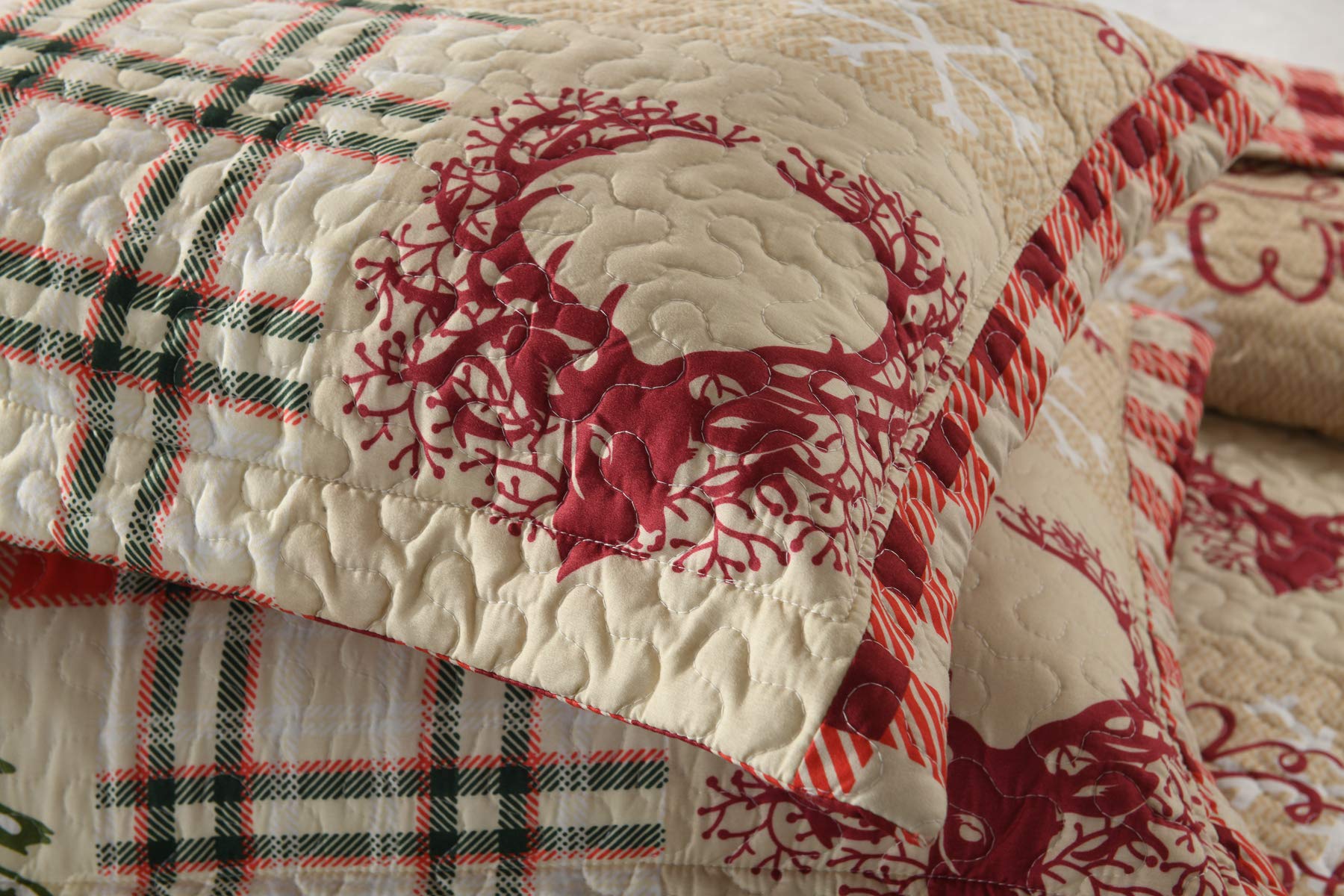 MarCielo 3 Piece Christmas Quilt Set, Rustic Lodge Deer Quilt Bedspread Throw Blanket Lightweight Bedspread Coverlet Comforter Set BY010 (King)
