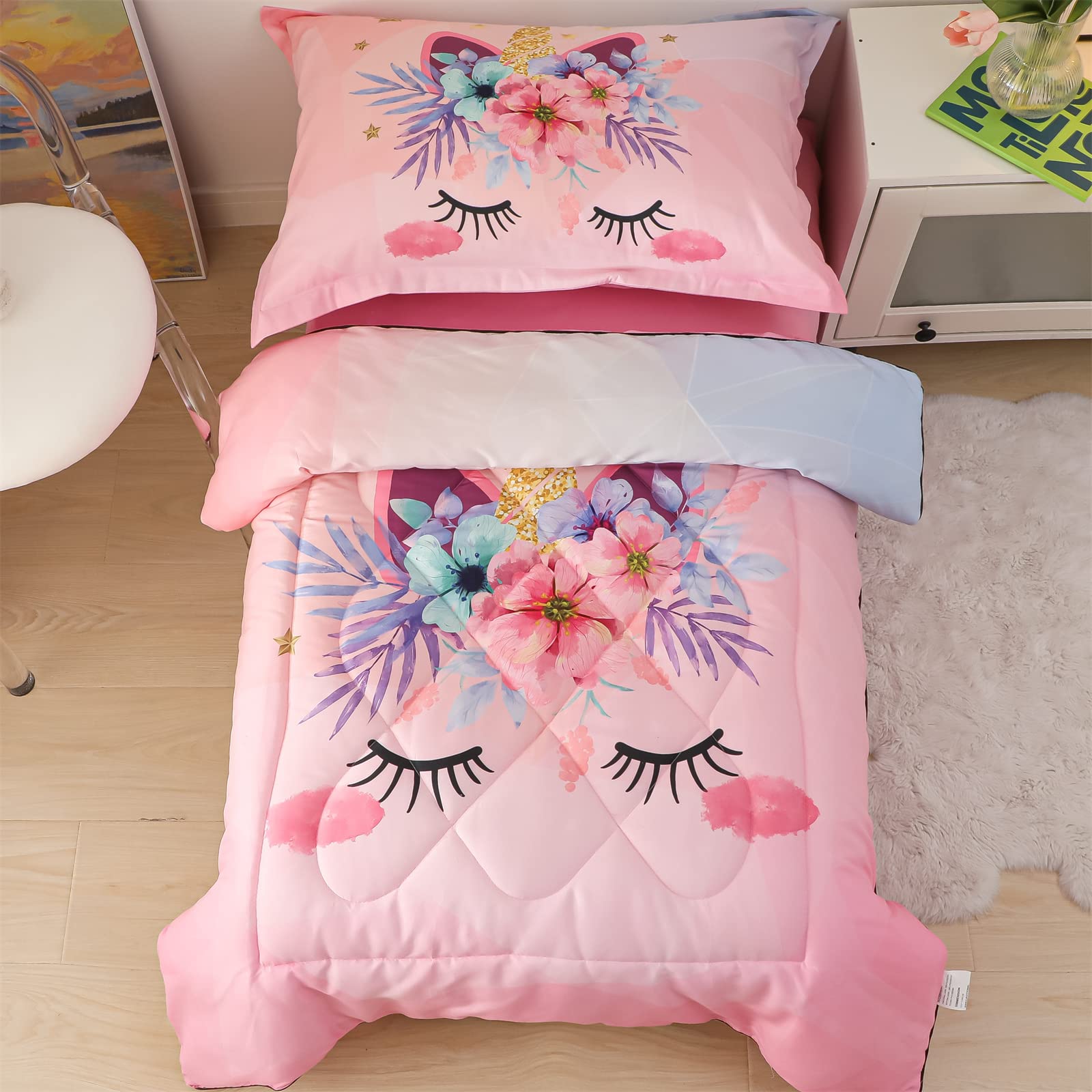 VINILITE Toddler Bedding Set Pink Unicorn 4 Piece Standard Size Children Comforter Set Ultra Soft Includes Quilted Comforter, Fitted Sheet, Flat Sheet, and Pillow Case for Kids Girls, 28" x 52"