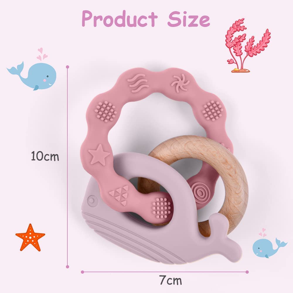 Vicloon Baby Teether Toys, Silicone & Natural Wood Teether Ring, Baby Teething Toys for Babies 0 Months, Silicone Chewable Rings for Newborn Gift(Pink)