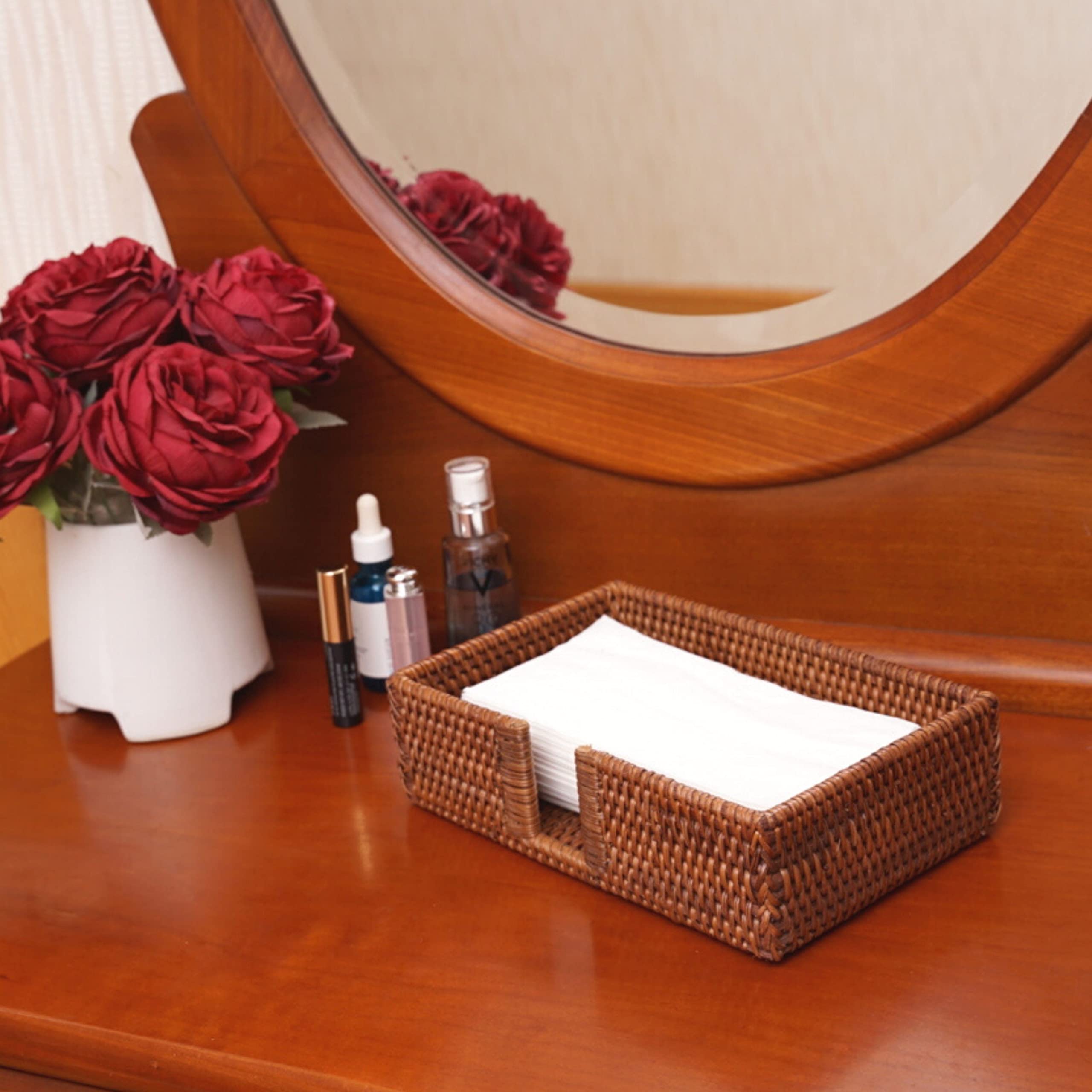 Rattan Guest Towel Holder For Bathroom Towel Caddy Rectangular Napkin Tray Wicker Toilet Tank Basket Dark Brown 9.4 x 5.9 x 2.4 inches Tissue Paper Hand Towels Storage Luncheon Kitchen Countertop