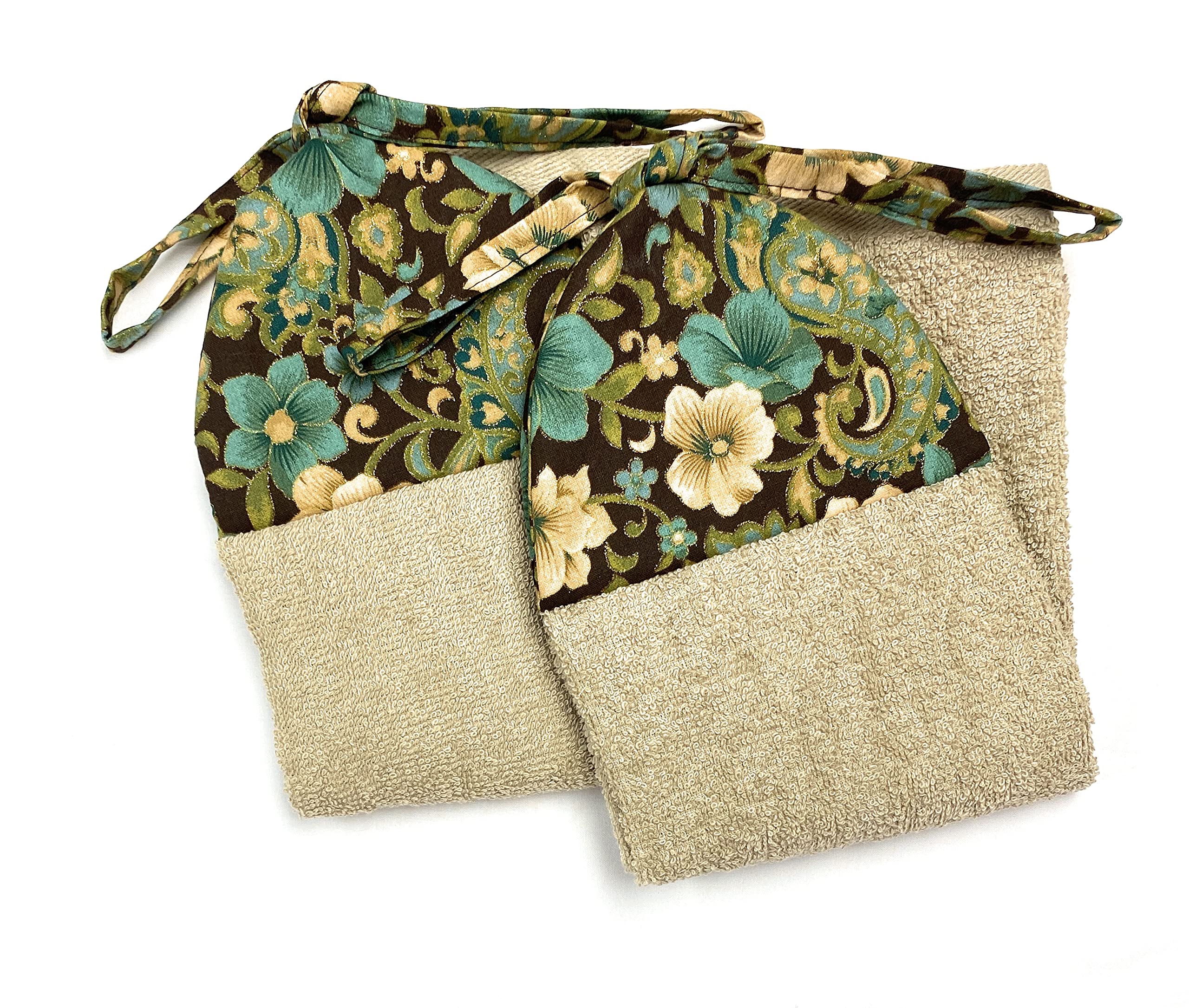 Set of 2 - Teal and Cream Flowers Floral Paisley with Gold on Brown Reversible Ties On Stays Put Tan Kitchen Bathroom Hanging Loop Hand Dish Towels