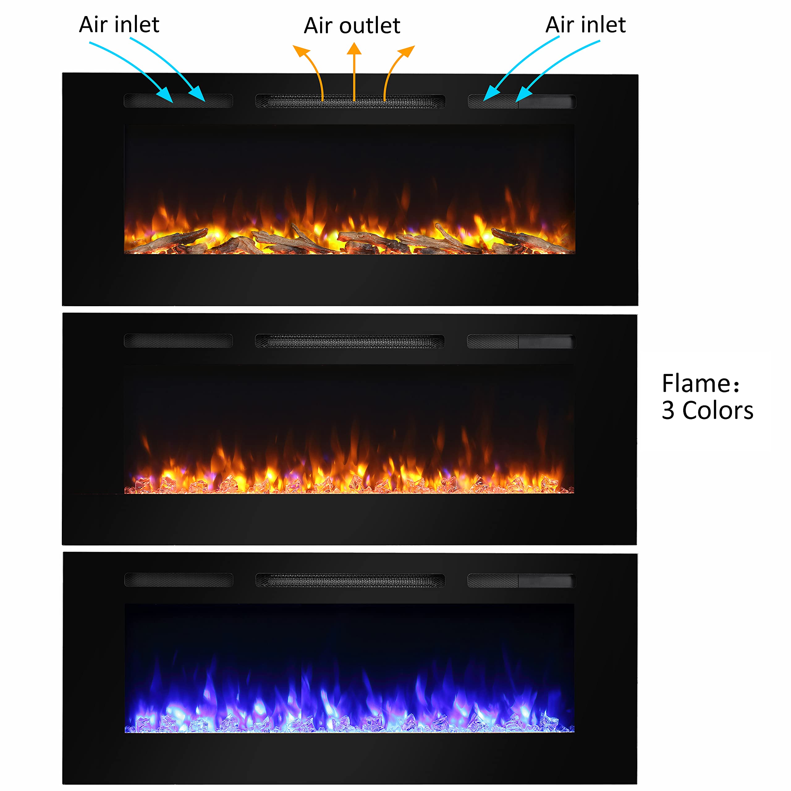 PuraFlame Alice 50 Inches Recessed Electric Fireplace, Flush Mounted for 2 X 6 Stud, Log Set & Crystal, 1500W Heater, Remote Control, Black