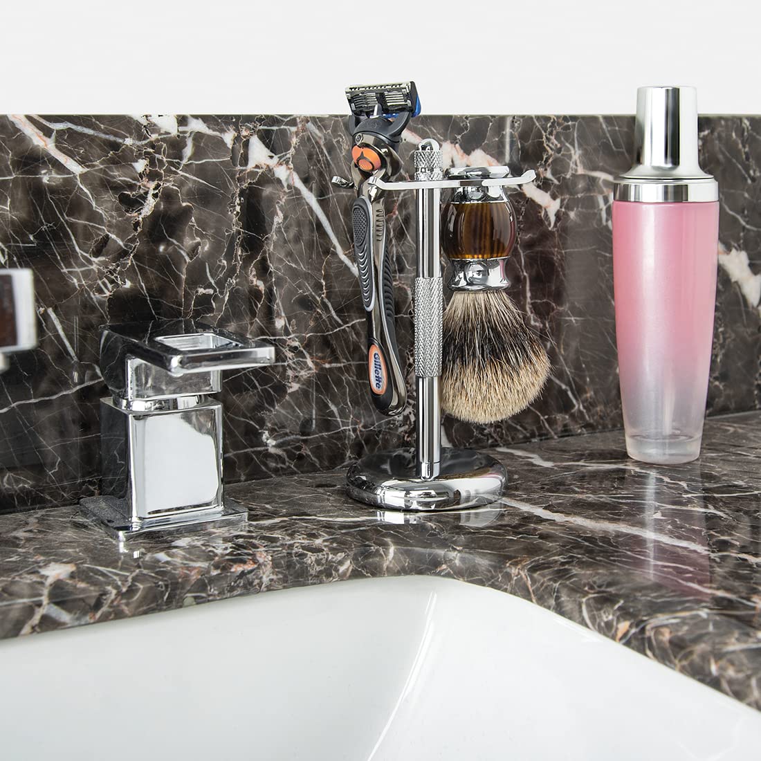 Linkidea Razor and Brush Stand Holder, Deluxe Men's Stainless Steel Shaving Brush Hanger Base, Shaver Kit Organizer for Bathroom Shower (Silver)