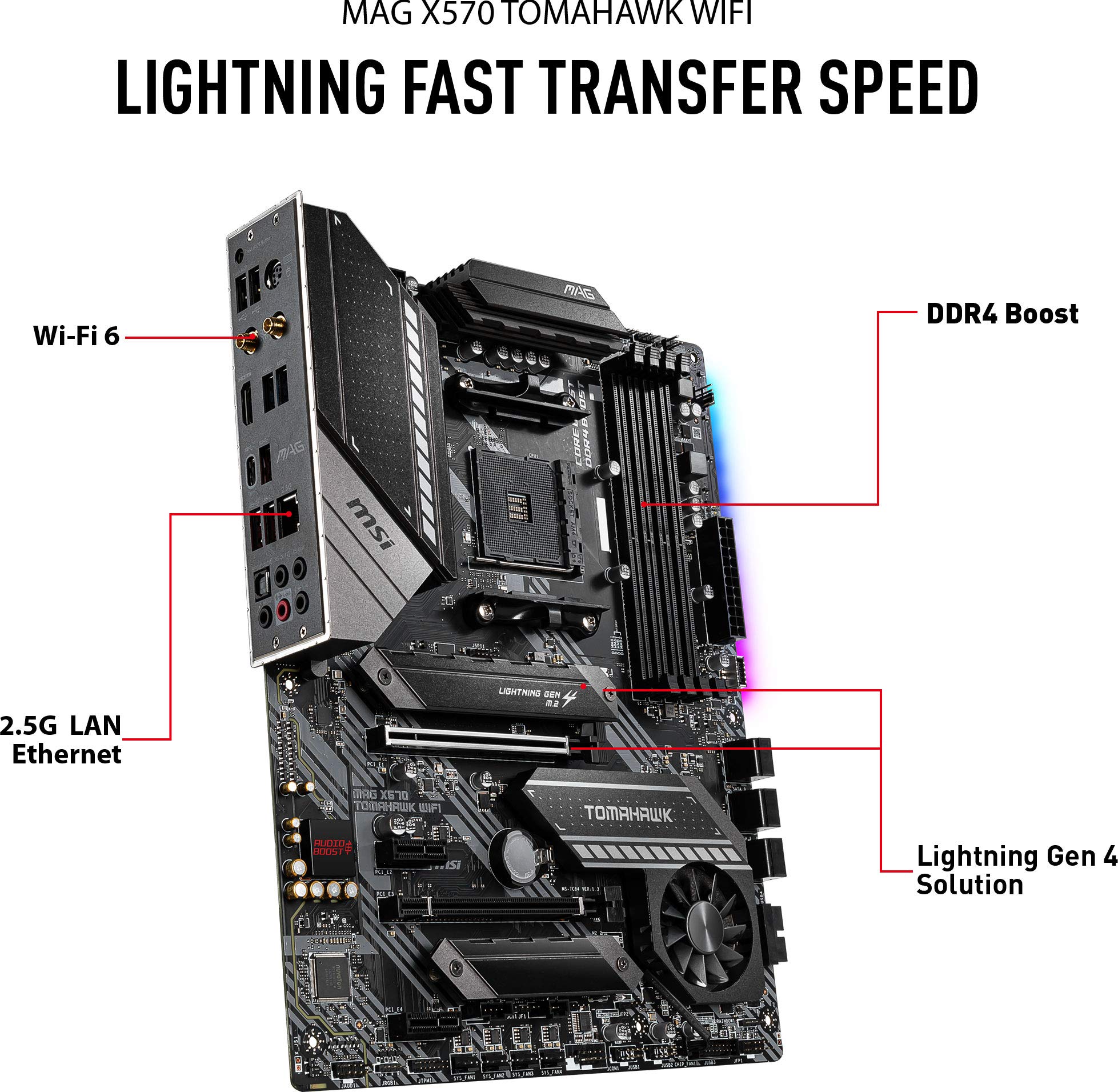 MSI MAG X570 TOMAHAWK WIFI Motherboard (AMD AM4, DDR4, PCIe 4.0, SATA 6Gb/s, M.2, USB 3.2 Gen 2, AC Wi-Fi 6, HDMI, ATX)