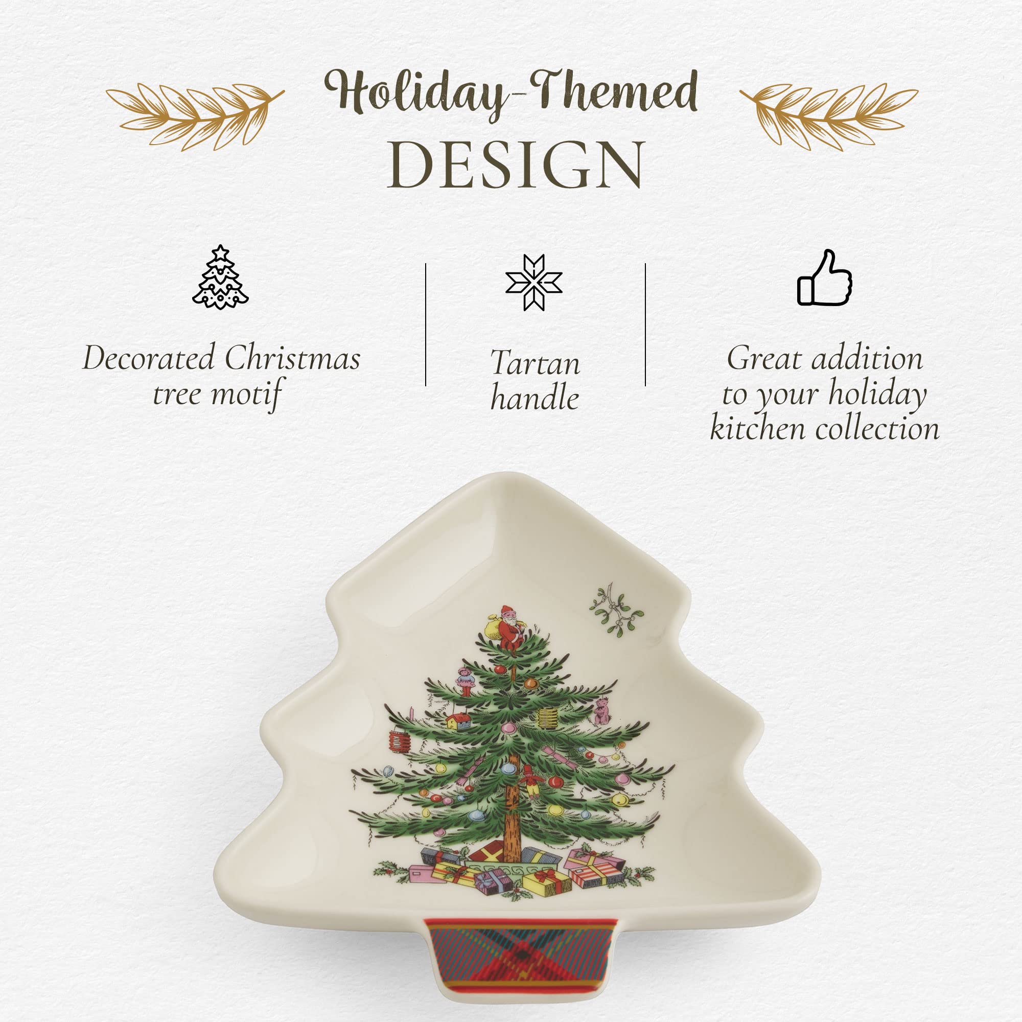 Spode Christmas Tree Tartan Spoon Rest | 7 β Inch Tree Shaped Cooking Utensil Rest | Spatula Ladle Holder for Kitchen Countertop | Made of Fine Porcelain Dishwasher Safe