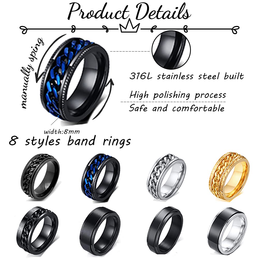 SAMOCO 16 Pcs Stainless Steel Fidget Band Rings for Men Women Cool Dragon Chain Stress Anxiety Relief Wedding Promise Band Ring Set Size 11