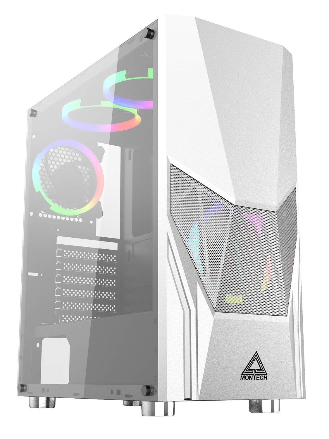 Montech Fighter 500 White ATX Mid-Tower Computer Gaming Case/Pre-Installed Four Rainbow LED Fans, High-Airflow, Mesh 3D Front Panel, Tempered Glass, Magnetic Dust Filter/ATX,Micro ATX,Mini-ITX