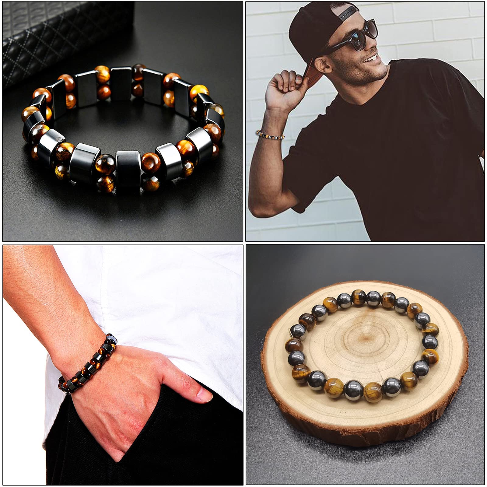 SAMOCO 8 Pcs Hematite Bead Bracelet for Men Women 8mm Tiger Eye Stone Beads Bracelet Elastic Natural Stone Bracelet Bangle