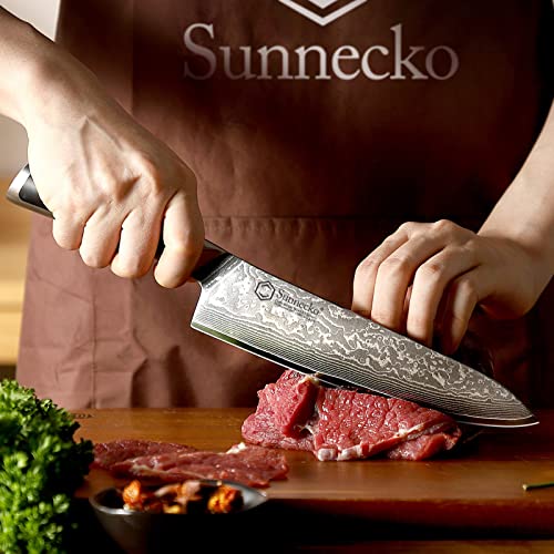 Sunnecko Knife Sets for Kitchen with Block,7 PCS Damascus Kitchen Knife Set,67-Layer Japanese VG10 High Carbon Stainless Steel Blade,Full Tang Forged,Ergonomic Handle,Whetstone&Scissors Include