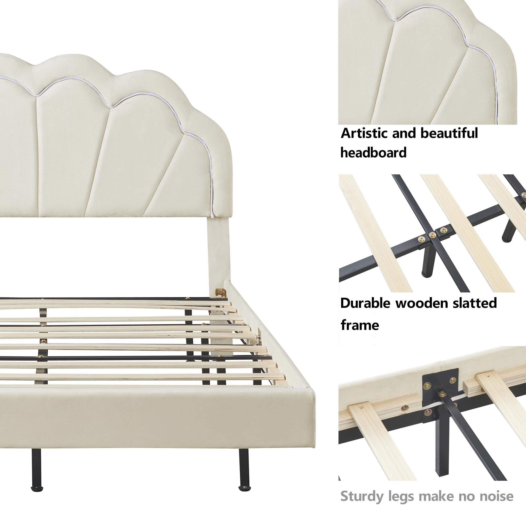 Queen Bed with Storage and LED Lights, Modern Upholstered Platform Beds with 4 Storage Drawer, LED Bed Frame with Tufted Headboard and Slats Support, No Spring Box Needed, Queen Size, Linen Gray