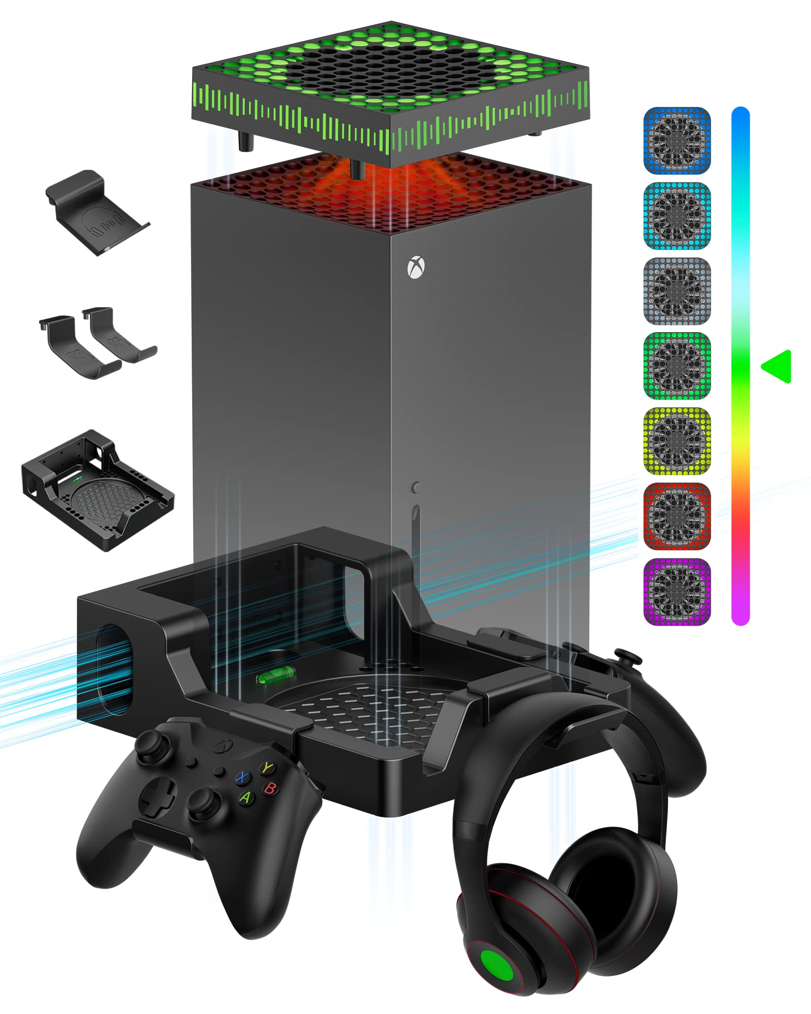 Wall Mount Kit with Cooling Fan for Xbox Series X, Wiilkac Series X Wall Mount kit and Cooling system with 6 Detachable Hooks and RGB Lights, Safely Store and Efficiently Cool Your Console