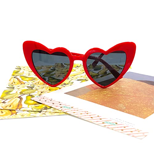 VideMundi Heart Shaped Sunglasses for Women,Vintage Cat Eye Mod Style Retro Kurt Cobain Glasses (Red)