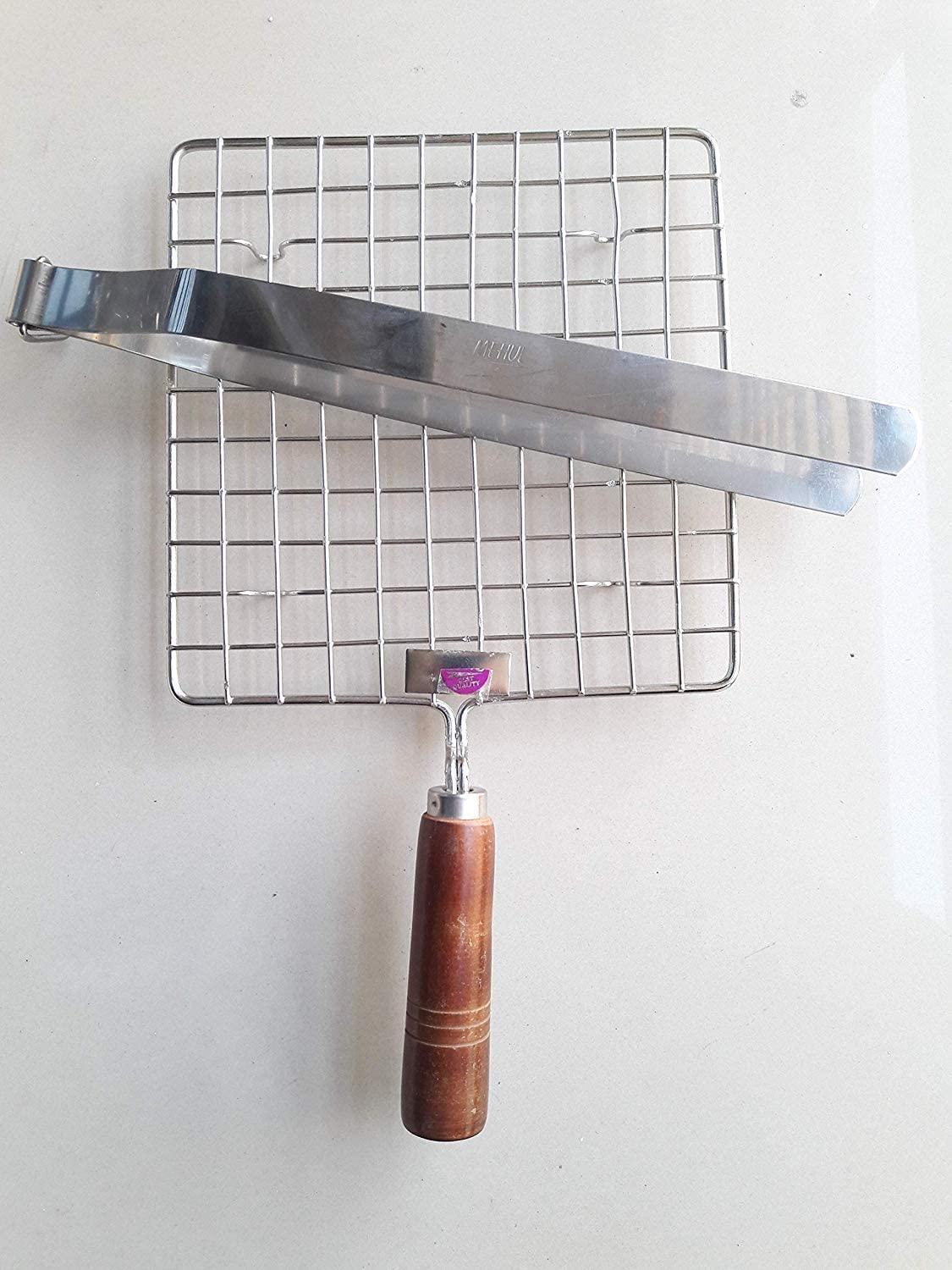 Tuelip Stainless Steel Wire Roaster & Tong, Papad Jali, Wooden Handle Roasting pan