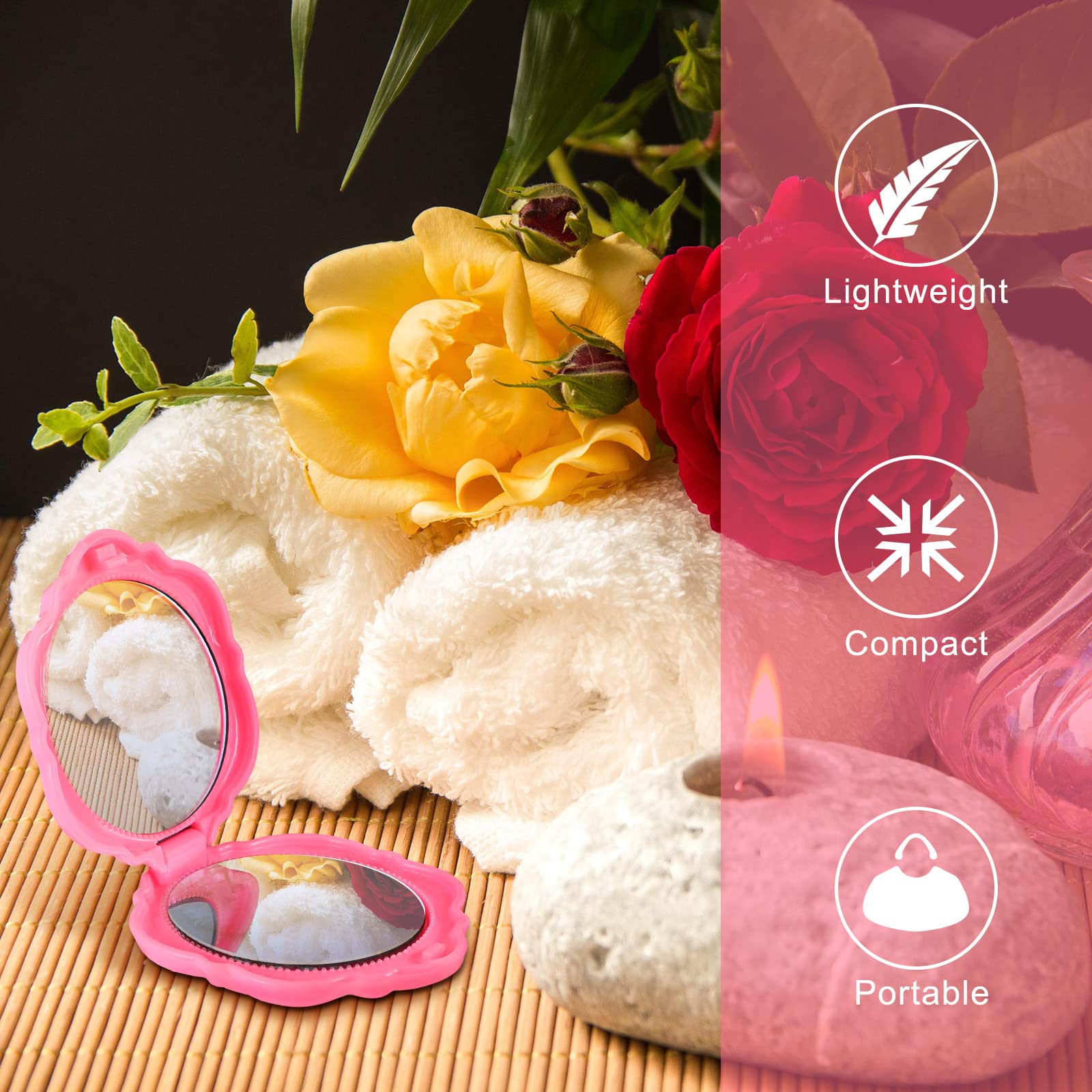 Yulejo 20 Pack Compact Mirror Pink Mirror Plastic Mini Travel Makeup Mirror Portable Foldable Mirrors Rose Flower Shaped Compact Mirror Hand Bridesmaids Gift for Women Girls Wedding Party