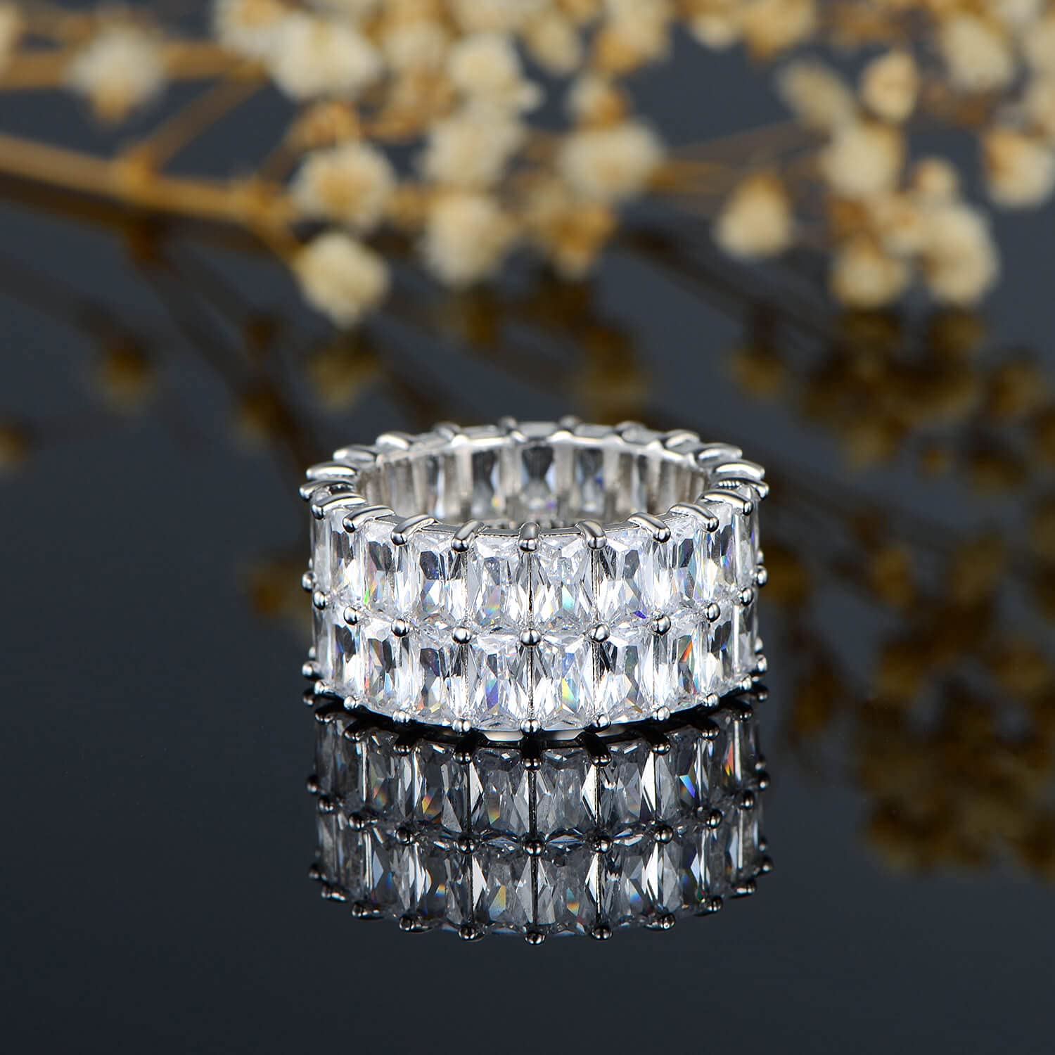 OPOMOMO Eternity Ring Wedding Bands,18K Gold Plated 2 Rows Emerald Cut Iced Out Lab Diamond Band Rings for Women Men (A- White gold plated, 8)