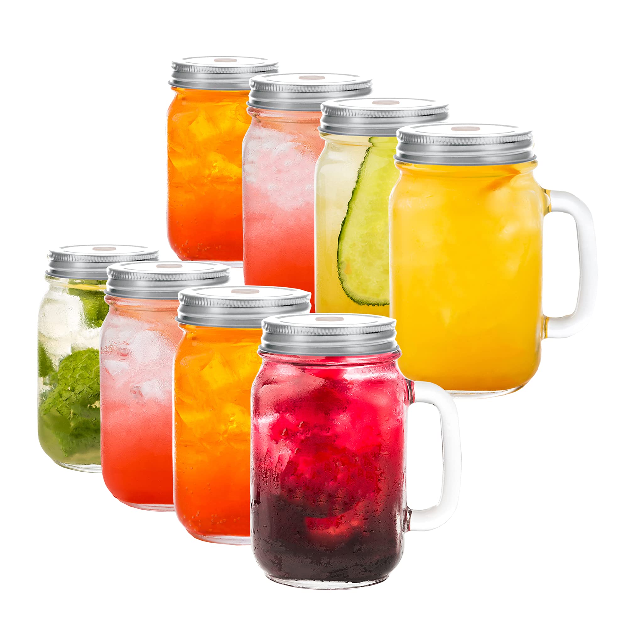 Simple Elements Mason Jar with Handle and Lid with Straw Hole - Mason Jars for beverages, drinks, liquor, juice or water - 3"W x 5.5"H - 12 oz - Set of 8