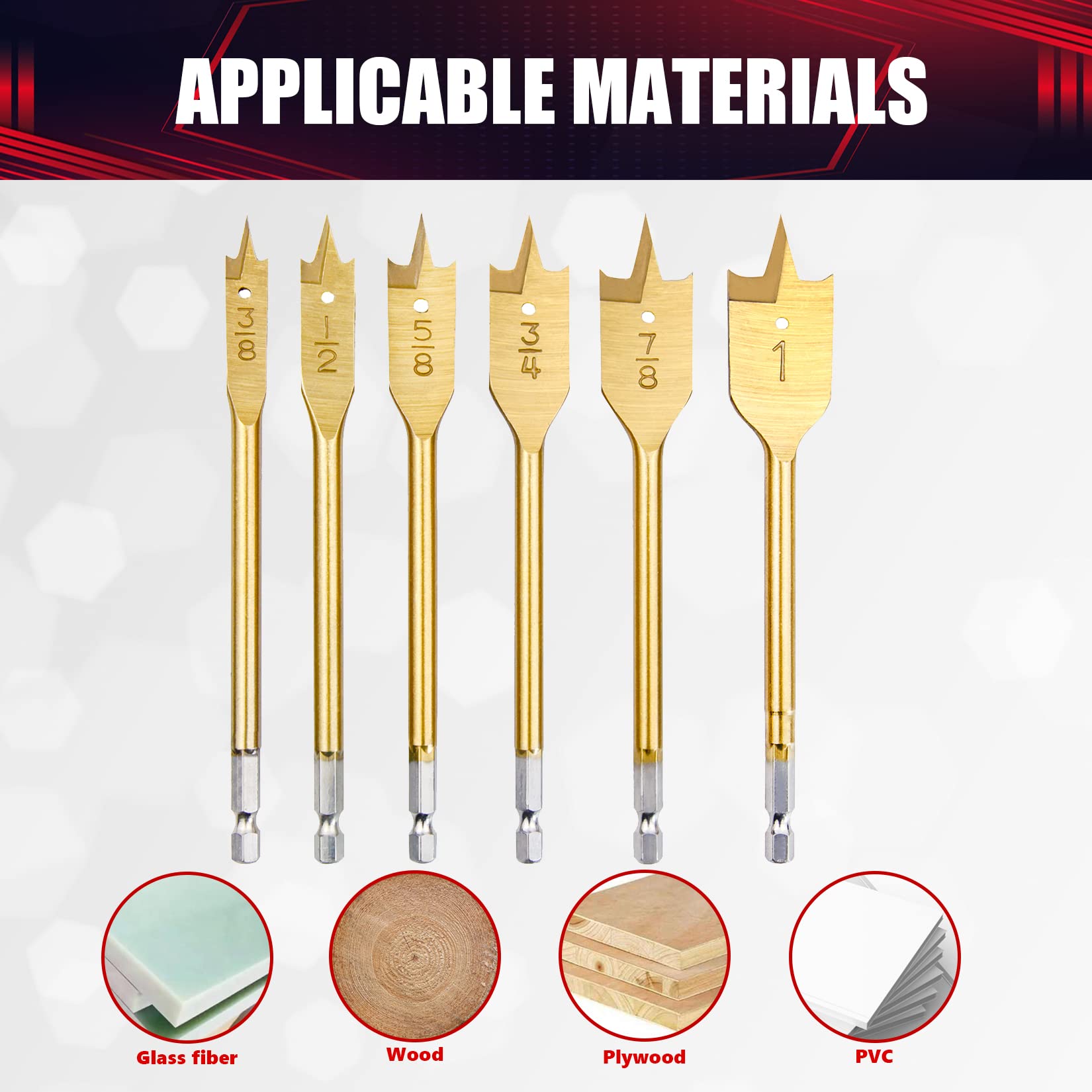 wesleydrill 6PCS Spade Drill Bit Set Paddle Flat Bits 3/8"-1" Flat Wood Hole Cutter Fit for Most Types of Wood as Well as Fiberglass