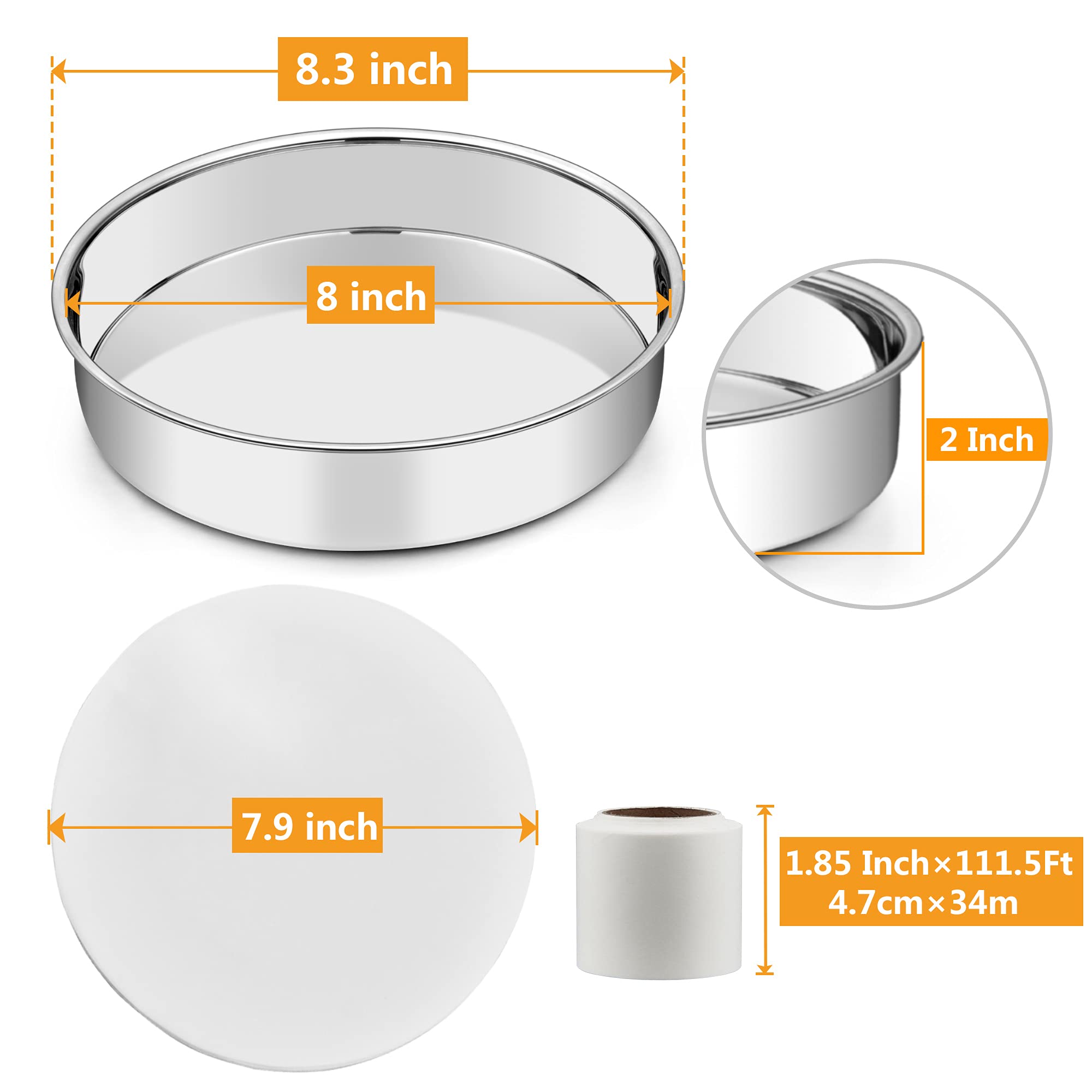 TeamFar 8 Inch Cake Pan Set of 3, Round Cake Pan Stainless Steel Round Baking Pan with 90 Pcs Round Parchment Papers & Parchment Paper Side Liner Roll(1.85 Inch ร 111.5Ft), Healthy & Dishwasher Safe