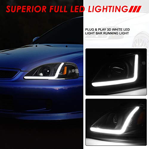 Pair LED DRL Black Housing Clear Corner Projector Headlight Lamps Compatible with Honda Civic 99-00